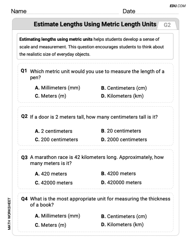 Printable Grade 2 Estimate Lengths Using Metric Length Units Worksheet ...
