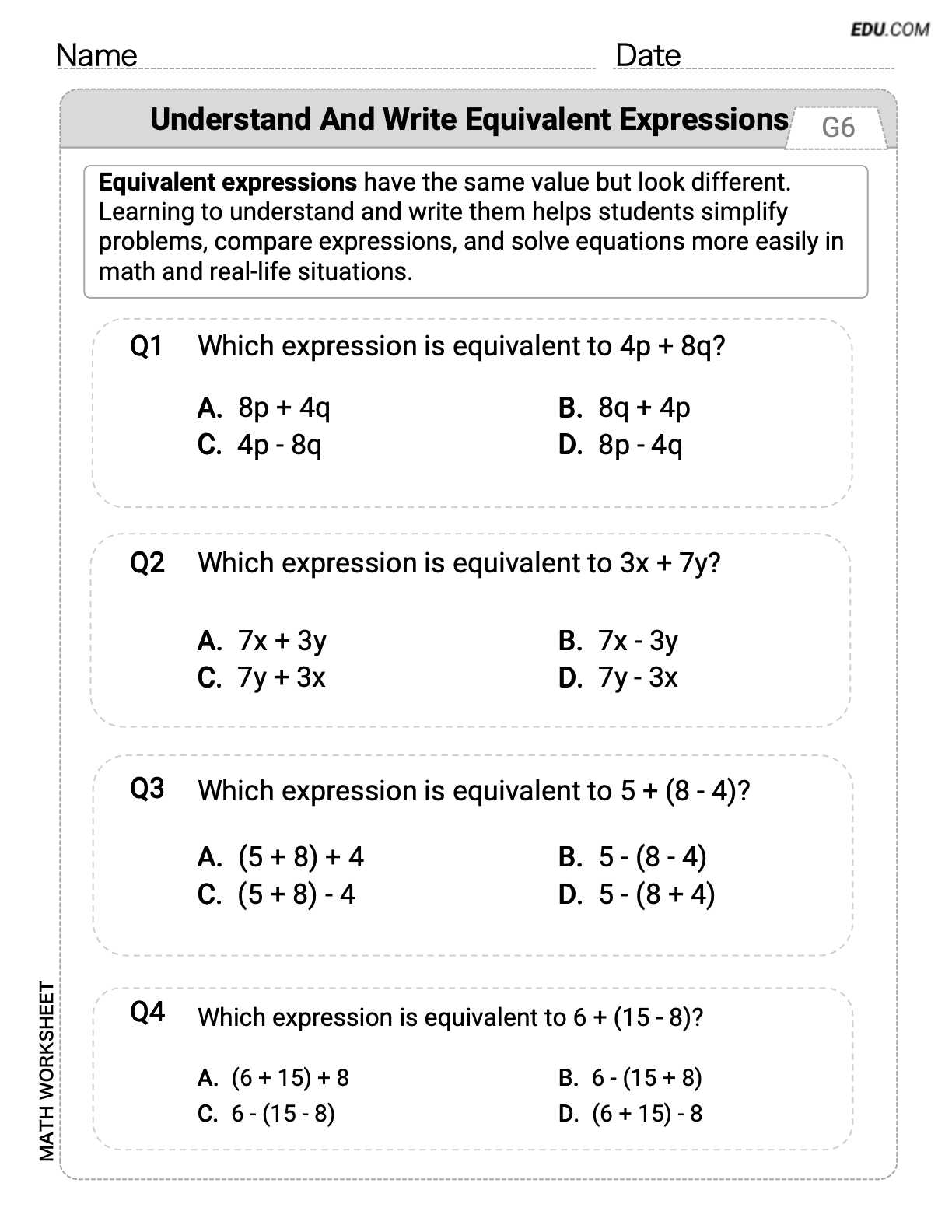 Math Worksheet: Single Choice Questions on Understand and Write Equivalent Expressions - Grade 6 ...