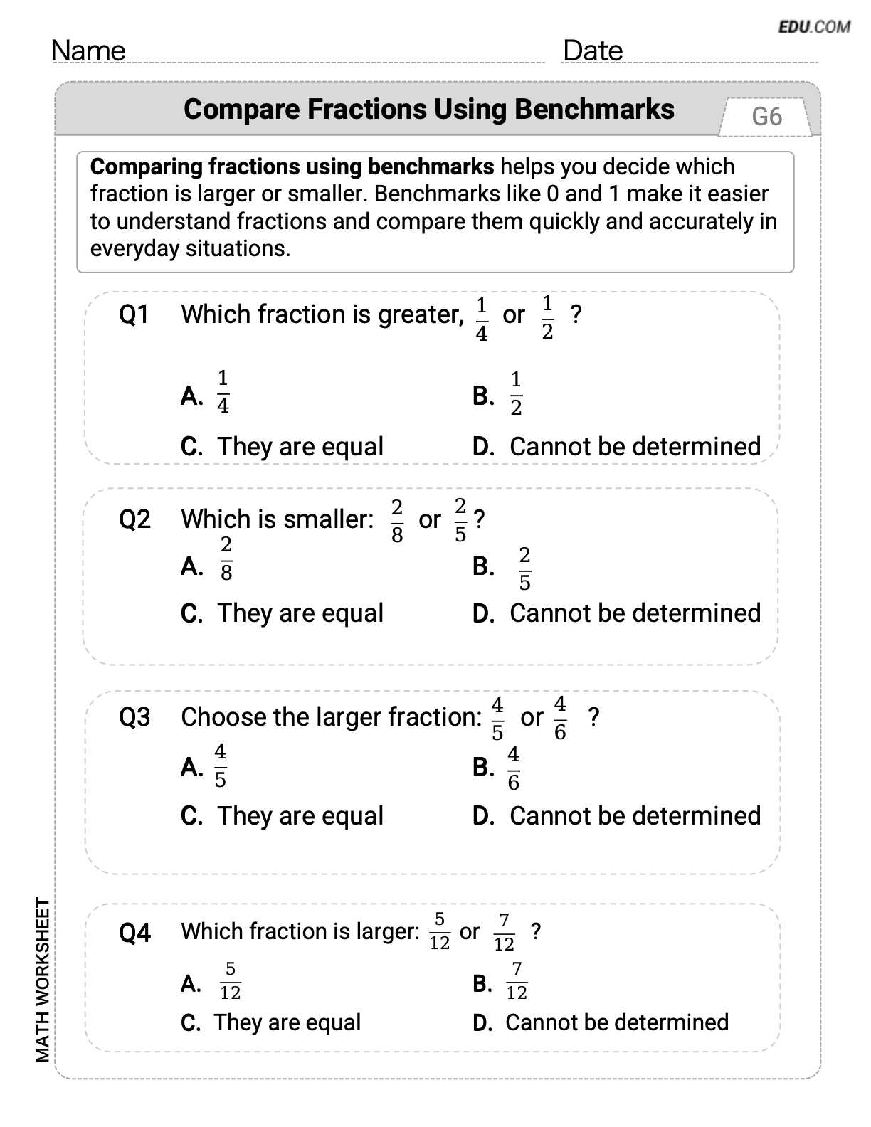 Practice Compare Fractions Using Benchmarks Grade 4 Single Choice