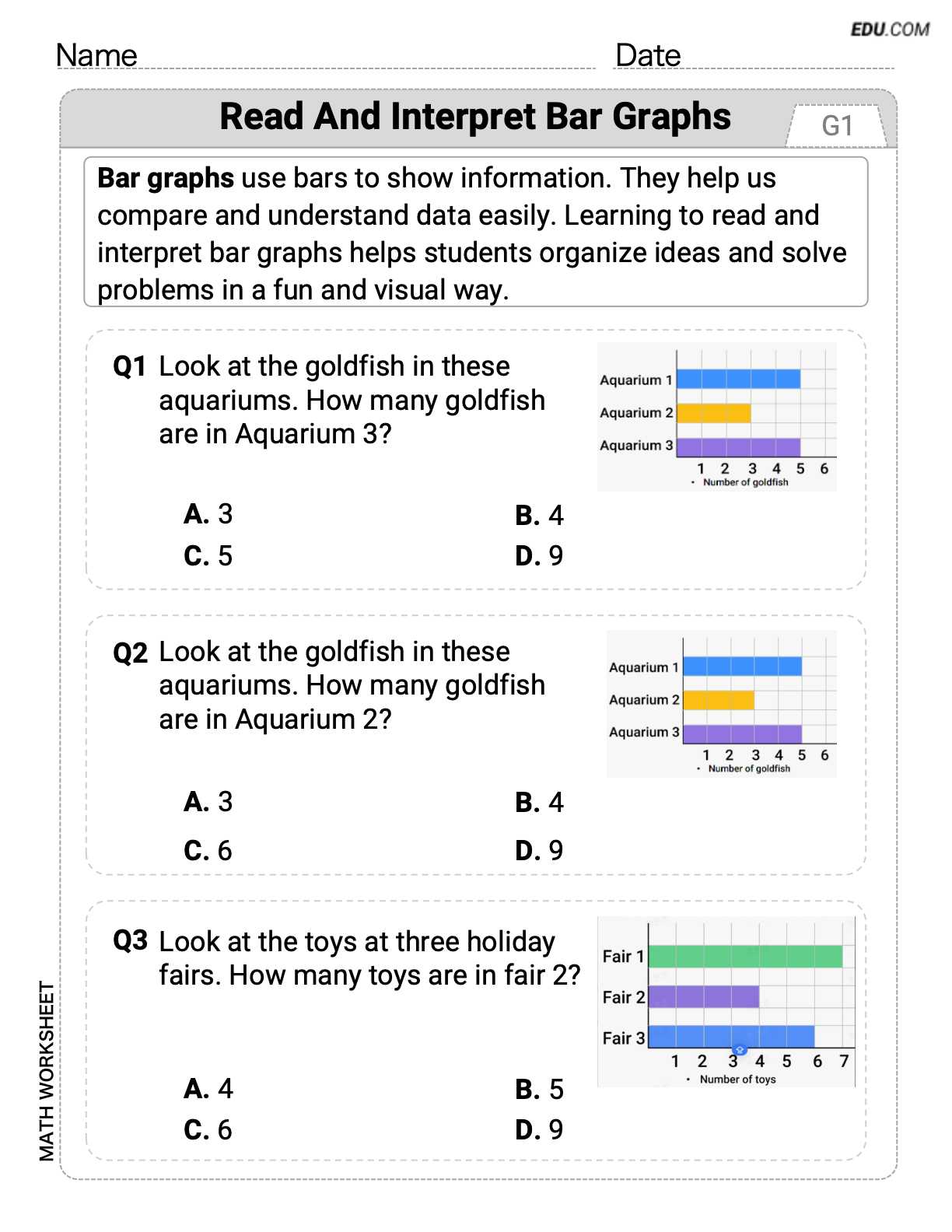 Printable Math Drill: Read and Interpret Bar Graphs - Single Choice (Grade 1) | EDU.COM